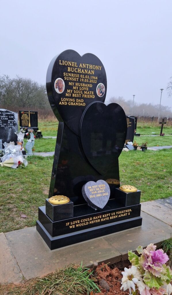 Double Heart Black Granite Headstone by Northern Headstones